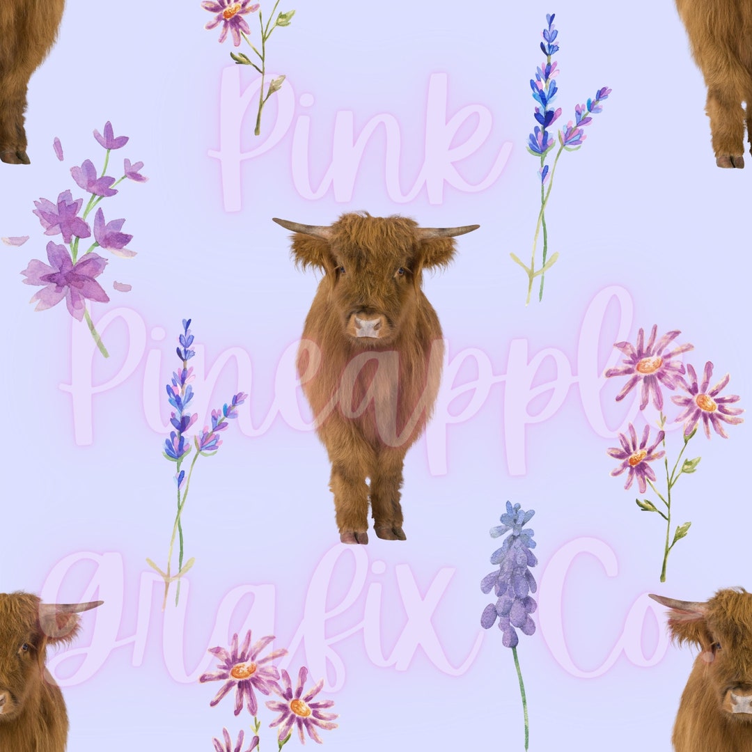 Purple Background Highland Cows Purple Flowers Digital Seamless File - Etsy