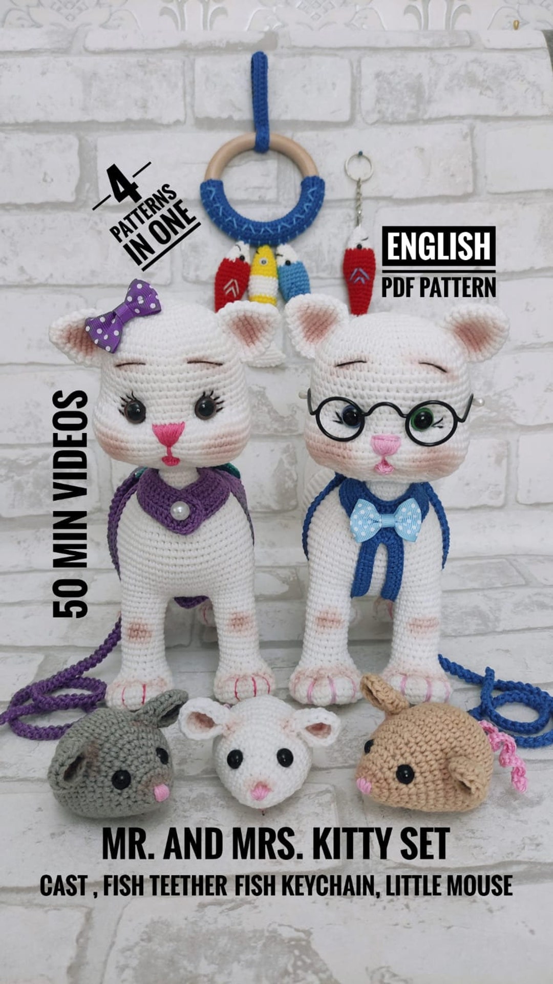Crochet Mr. and Mrs. Kitty Set English Pattern, Crochet White Cats ...