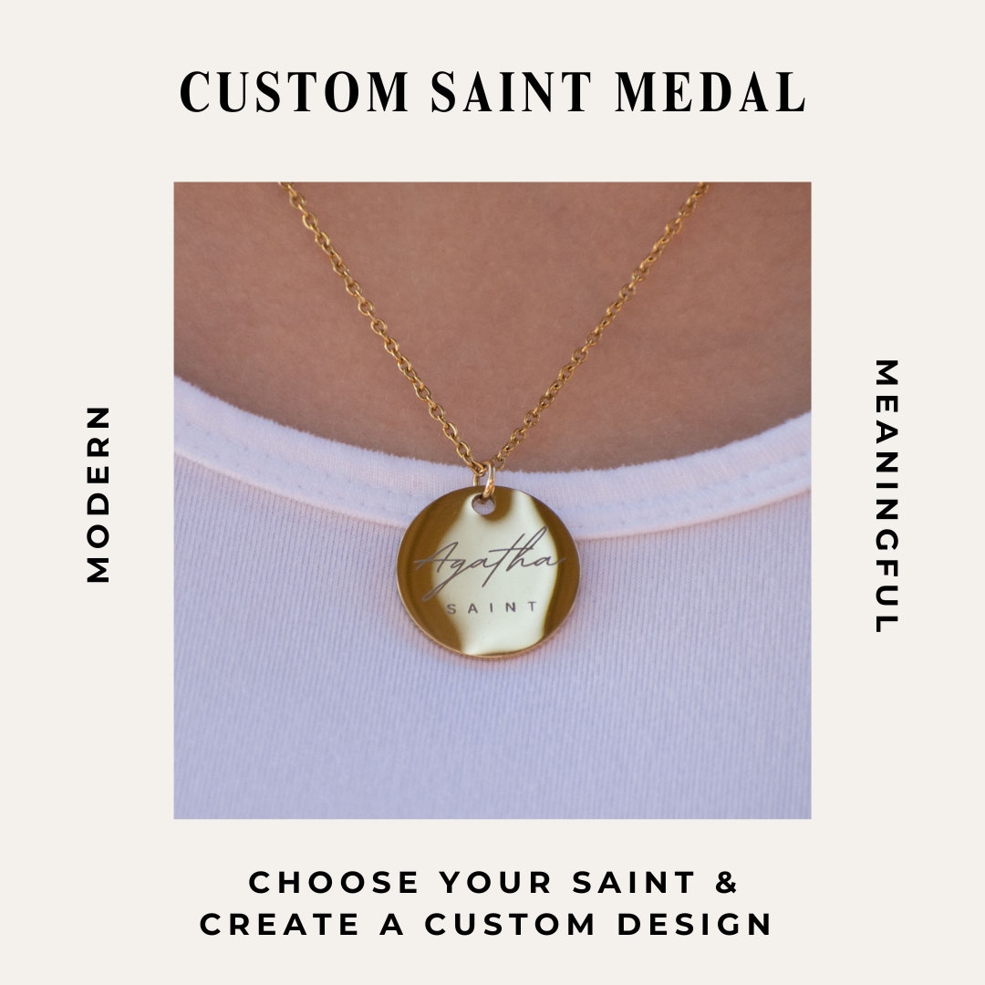 Custom Saint Medal Necklace, Modern Design, Personalized Back Engraving ...