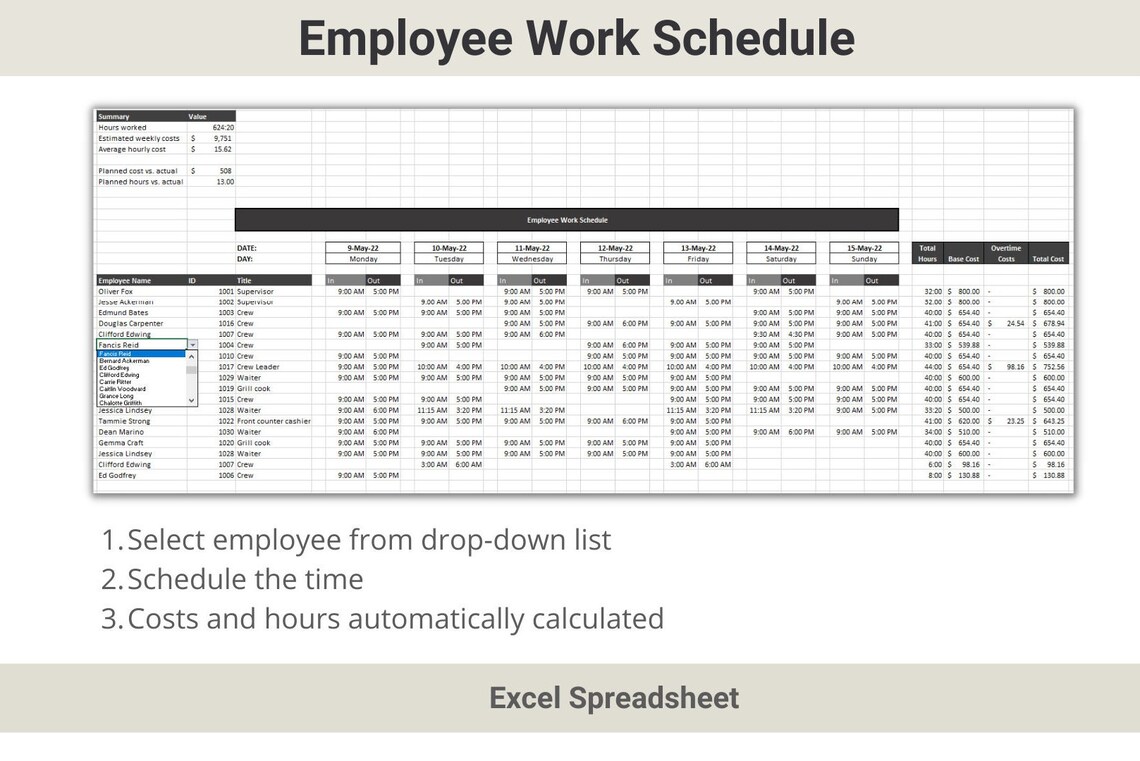Employee Work Schedule Spreadsheet Work Schedule Planner Excel & PDF ...