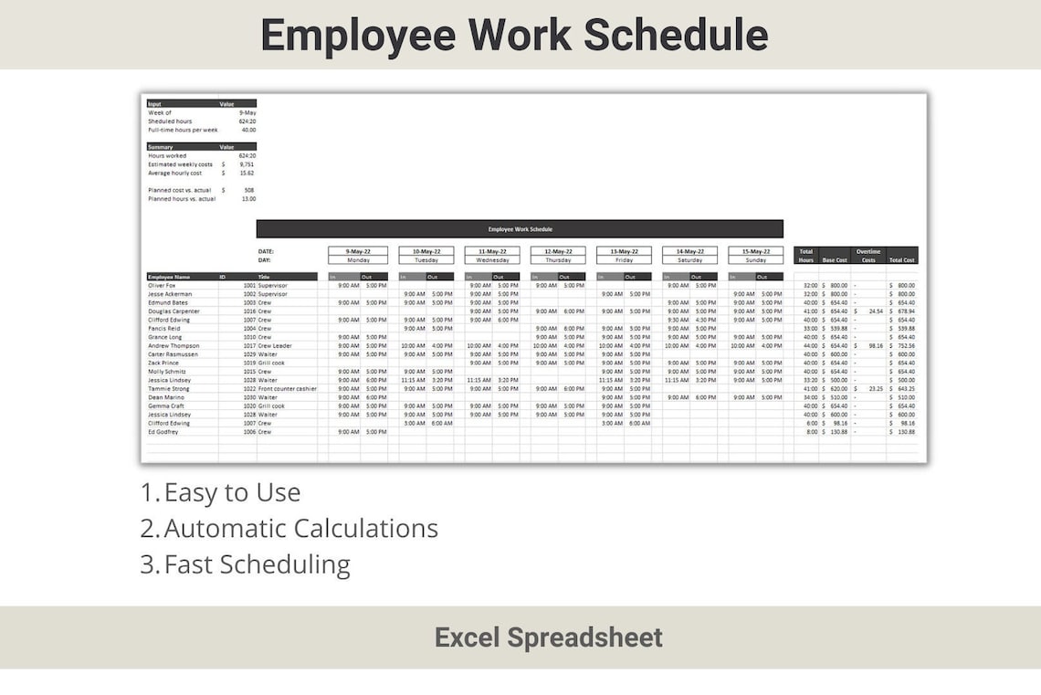 Employee Work Schedule Spreadsheet Work Schedule Planner Excel & PDF ...