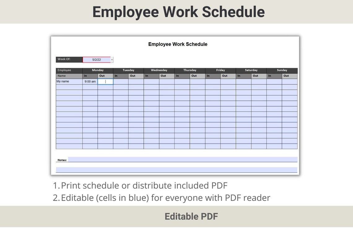 Employee Work Schedule Spreadsheet Work Schedule Planner Excel & PDF ...