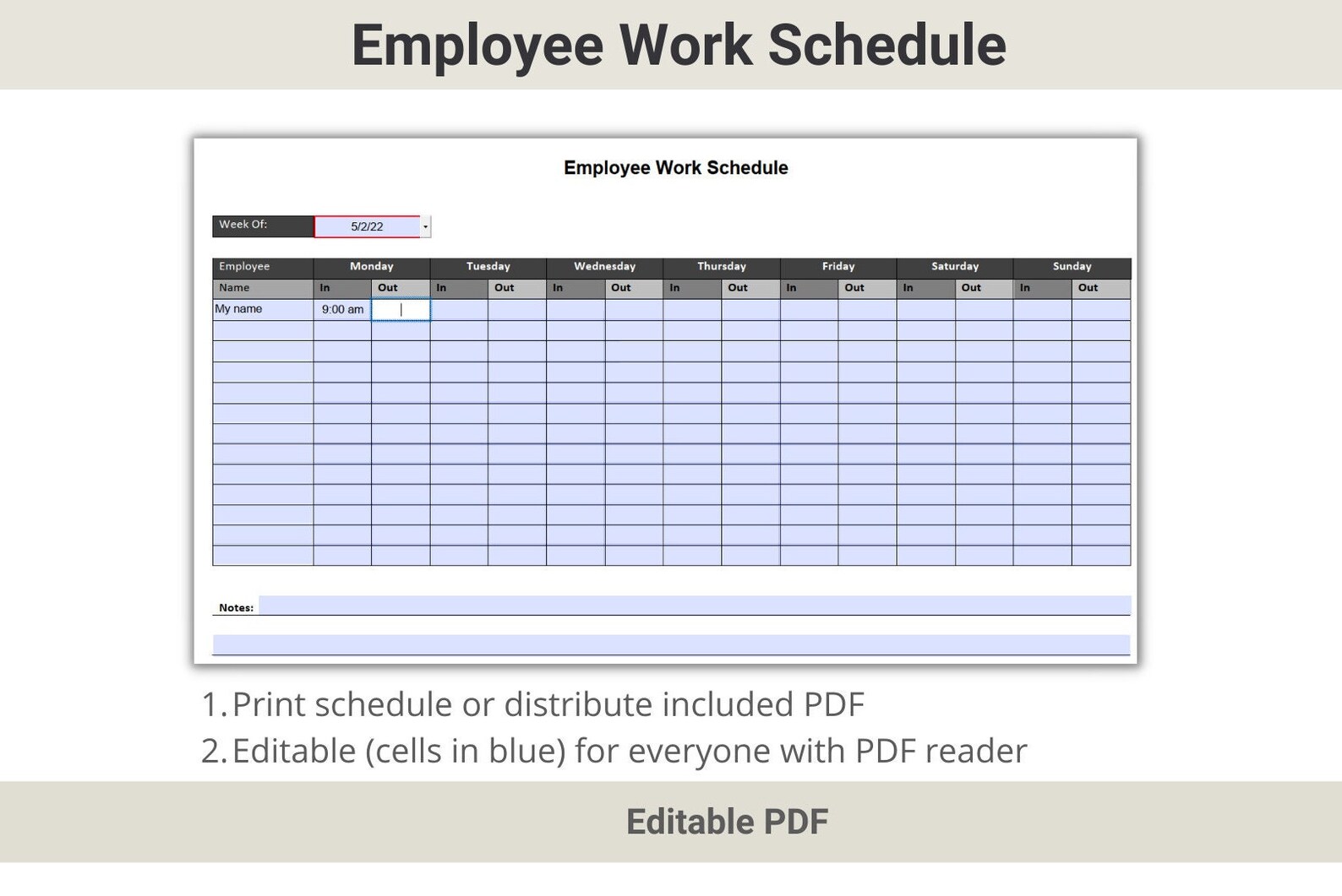 Employee Work Schedule Spreadsheet Work Schedule Planner Excel & PDF ...