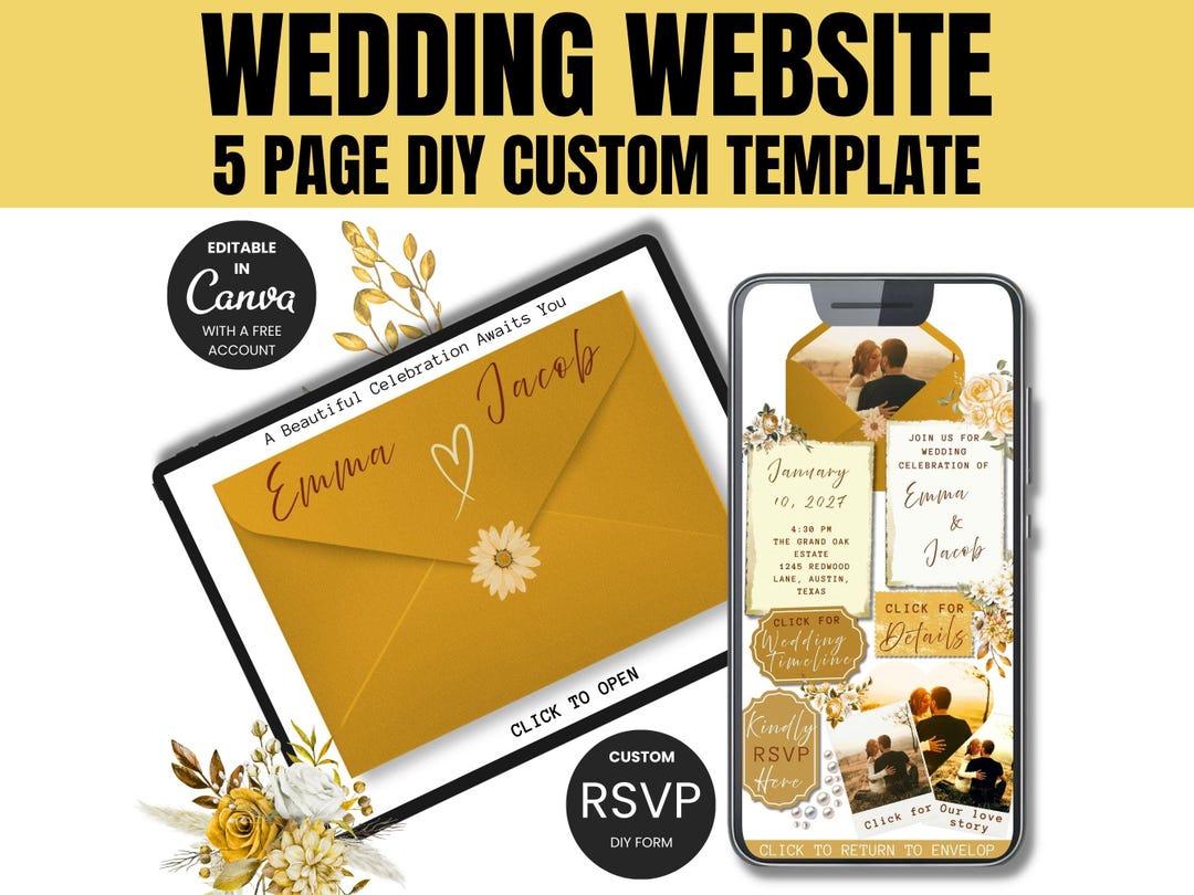 Buy Gold Envelope Wedding Website Template | Elegant DIY Canva Invite ...