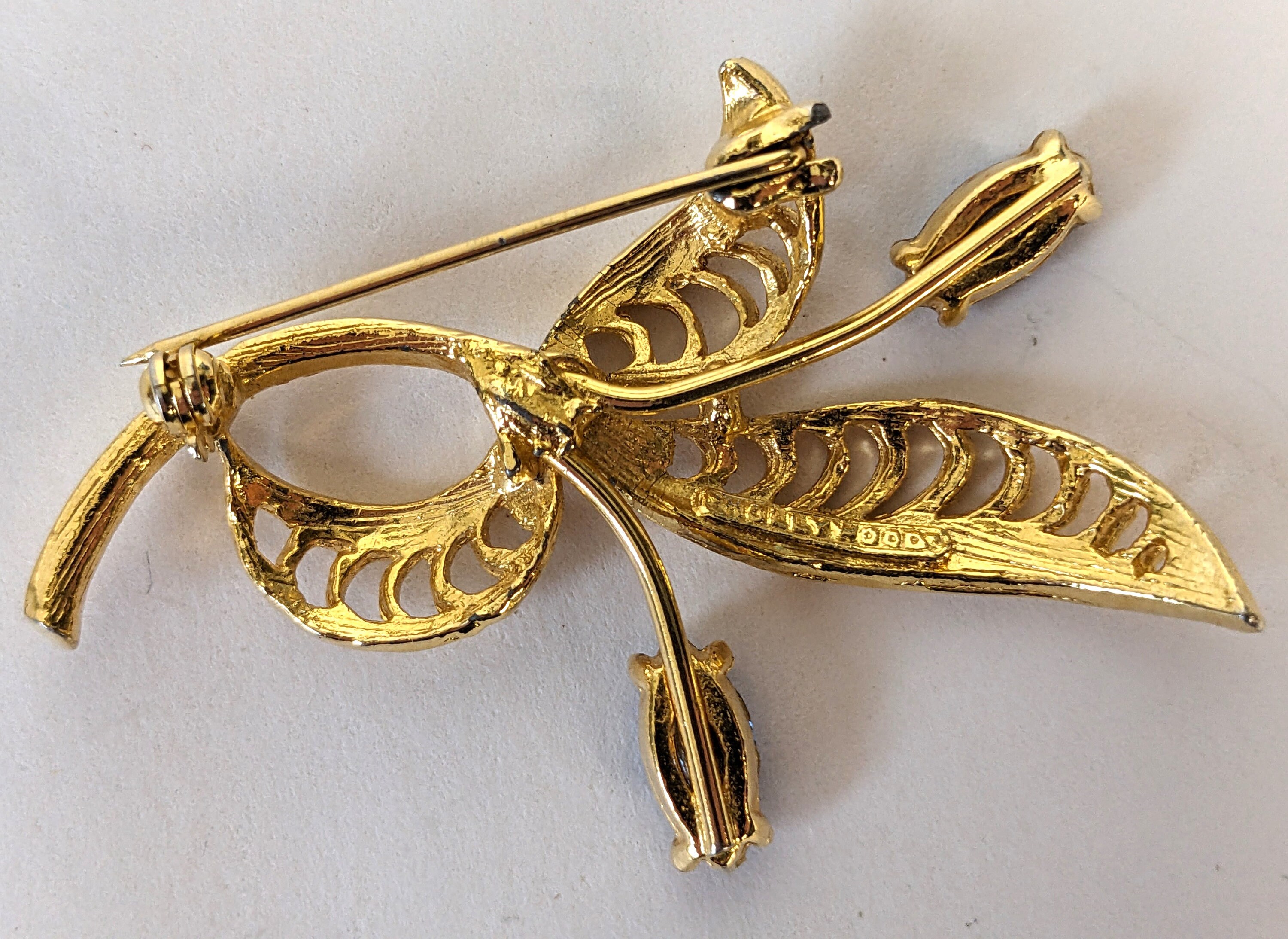 Vintage Signed HOLLYWOOD Brooch / Pin Art Flower Sapphire Glass Gold ...