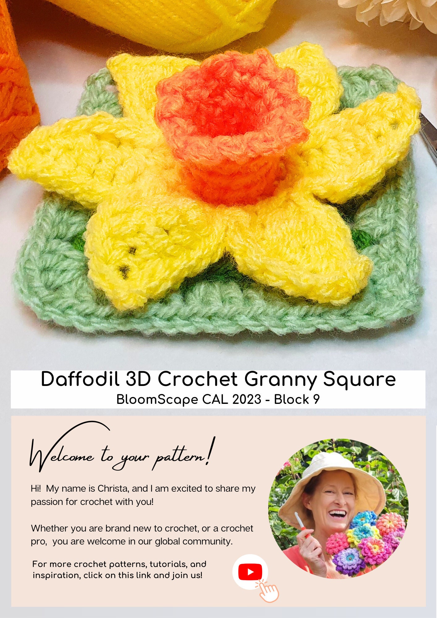Daffodil 3D Crochet Granny Square Pattern: Floral Afghan Block (PDF ...