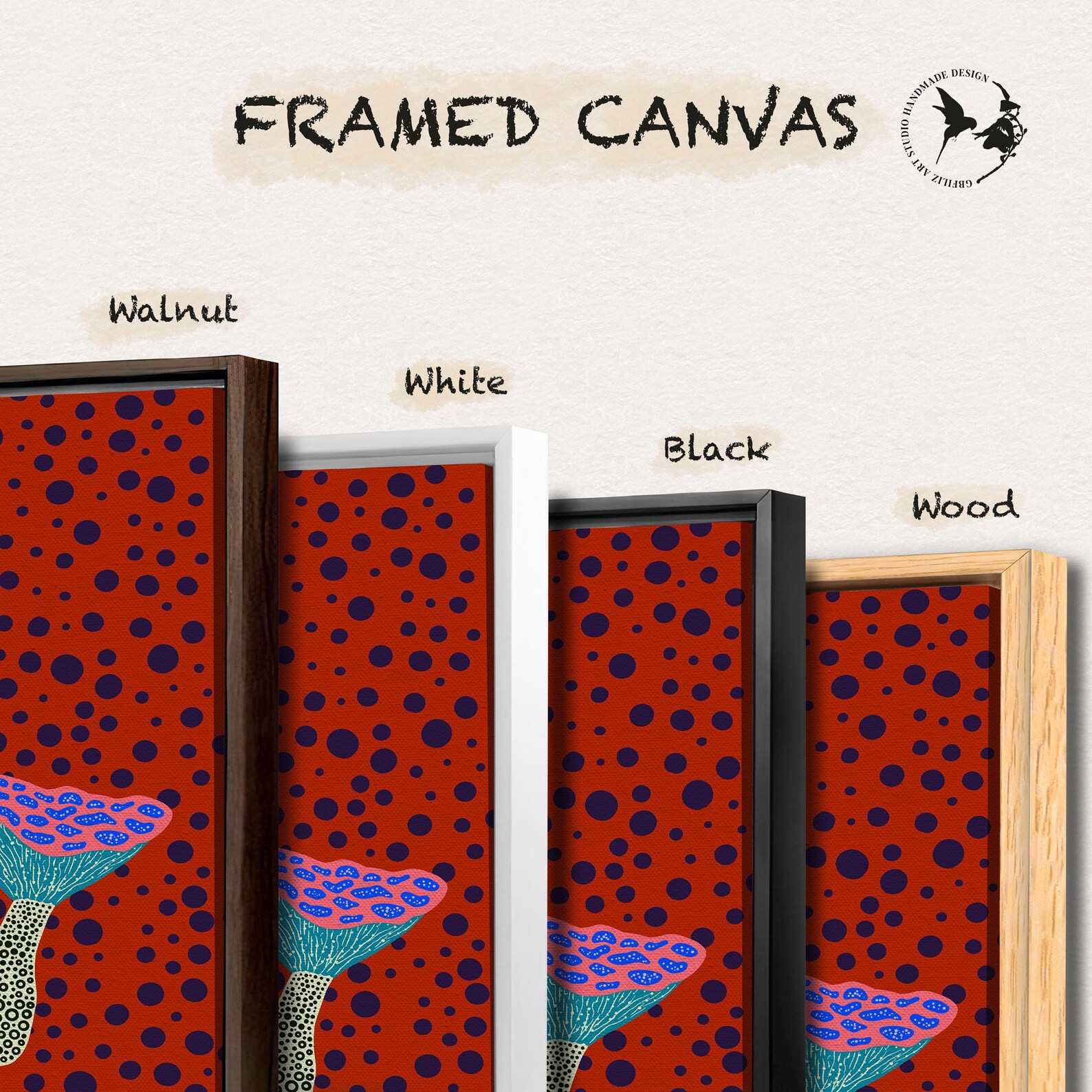 Framed Minimalist Mushroom Illustration: Dark Red Psychedelic Wall Art ...