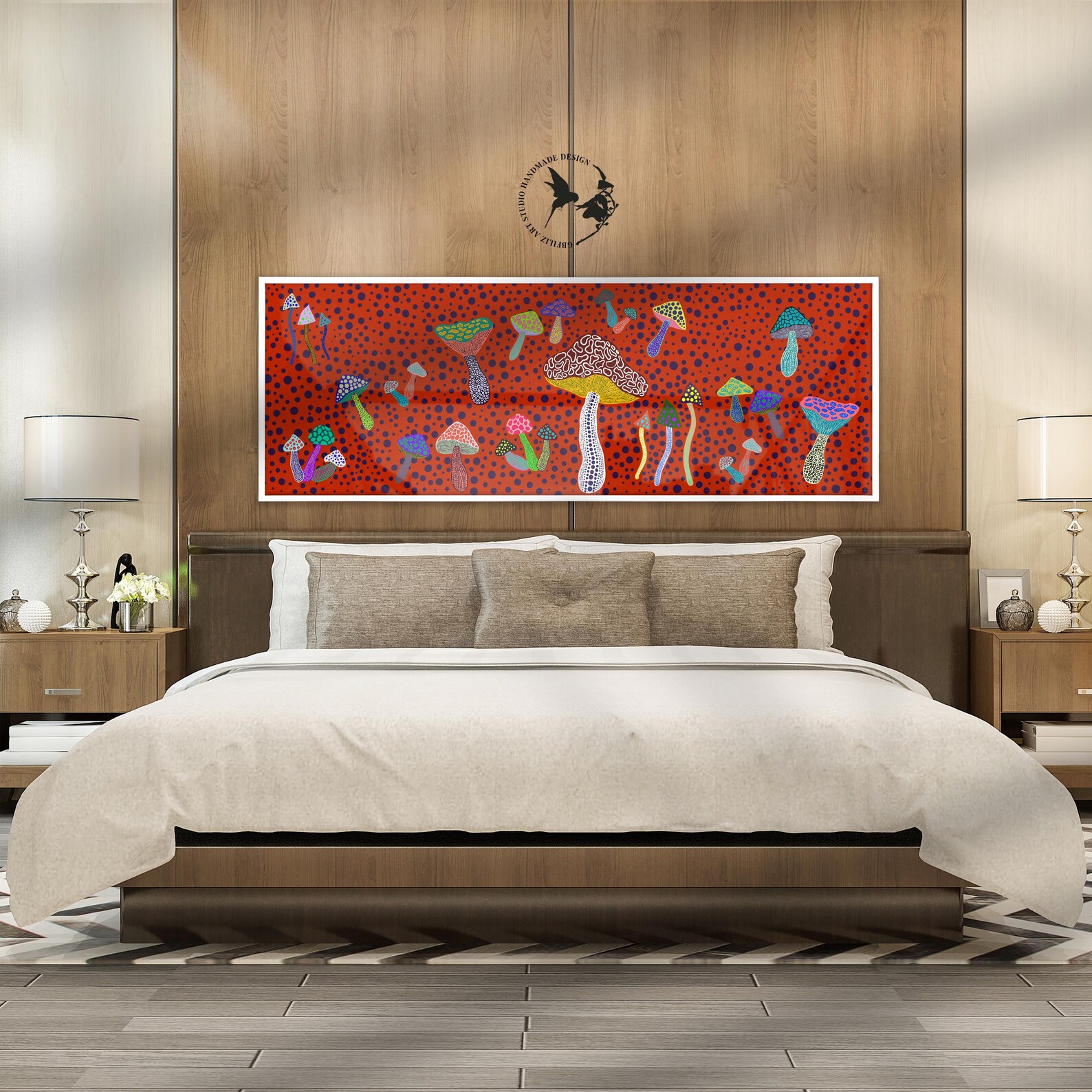 Framed Minimalist Mushroom Illustration: Dark Red Psychedelic Wall Art ...