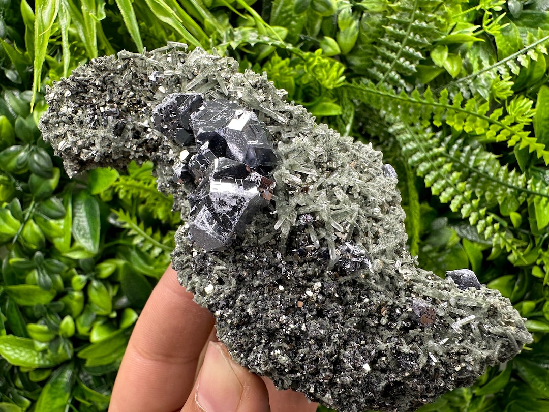 Stunning Skeletal Shiny Galena on Green Quartz Whit Pyrite Rare ...