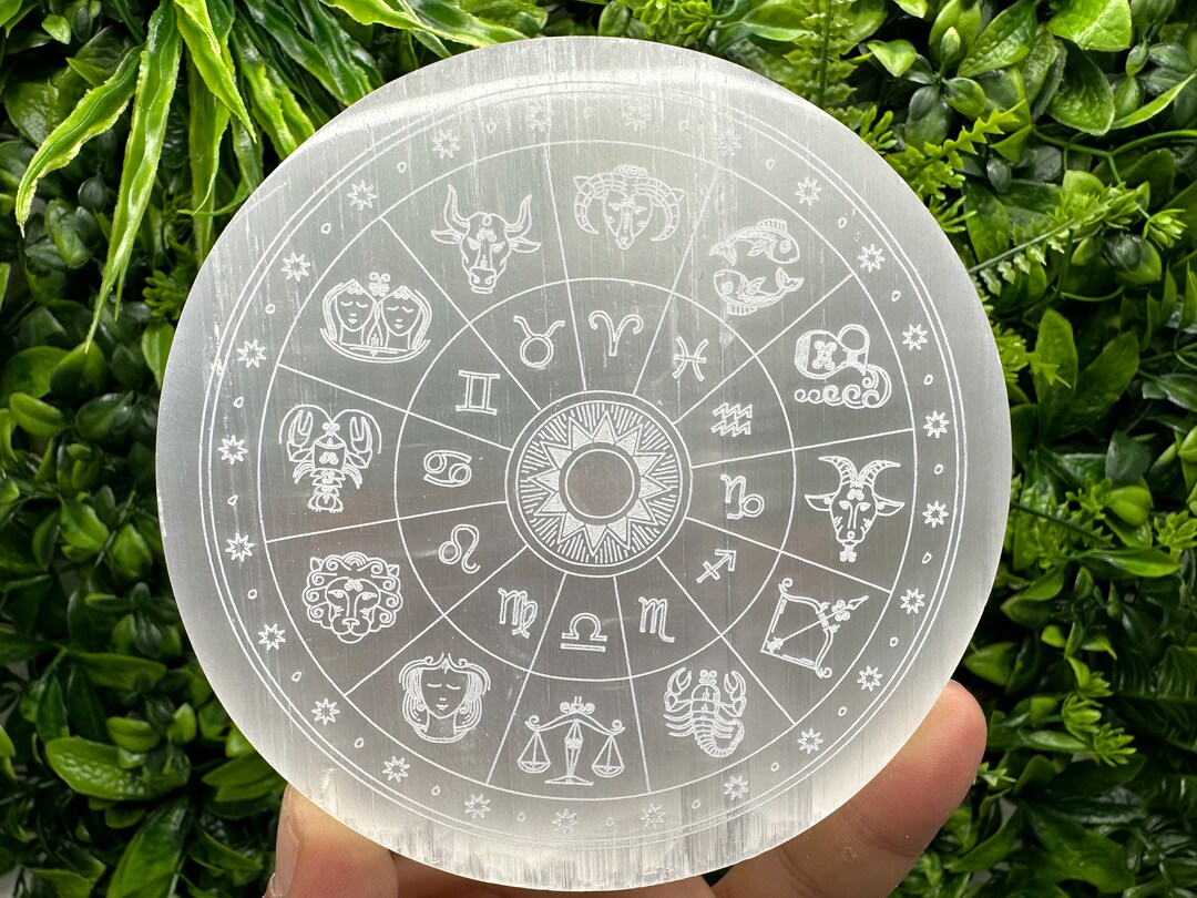 Selenite Zodiac Disc: Engraved Crystal Plate, Energy Healing Decor 10/ ...