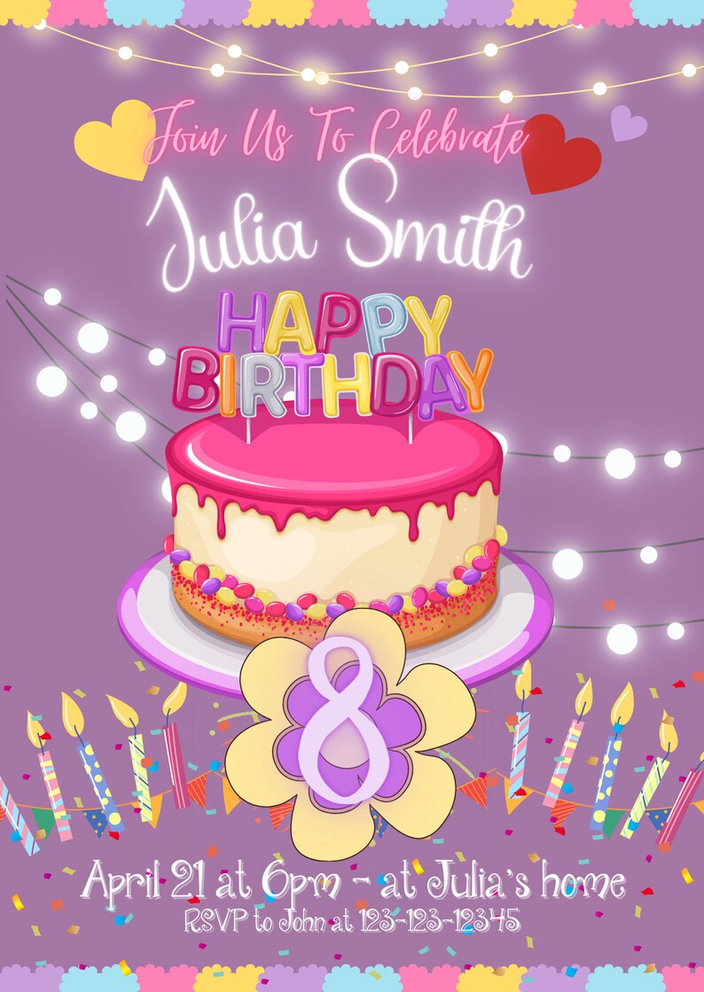 Editable Birthday Invitation Purple Cake Join Us Party Template Instant ...