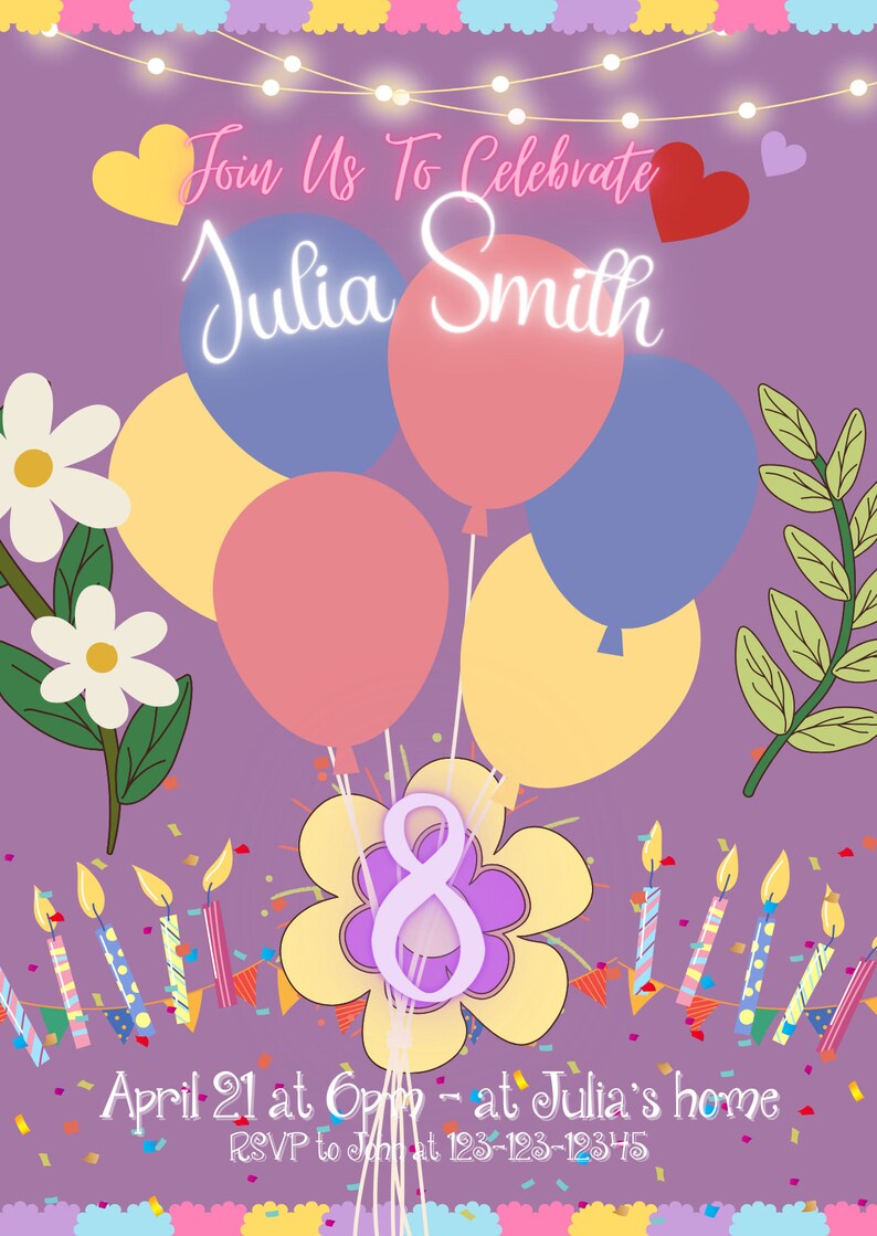 Editable Birthday Invitation Purple Balloons Join Us Party Invitation ...