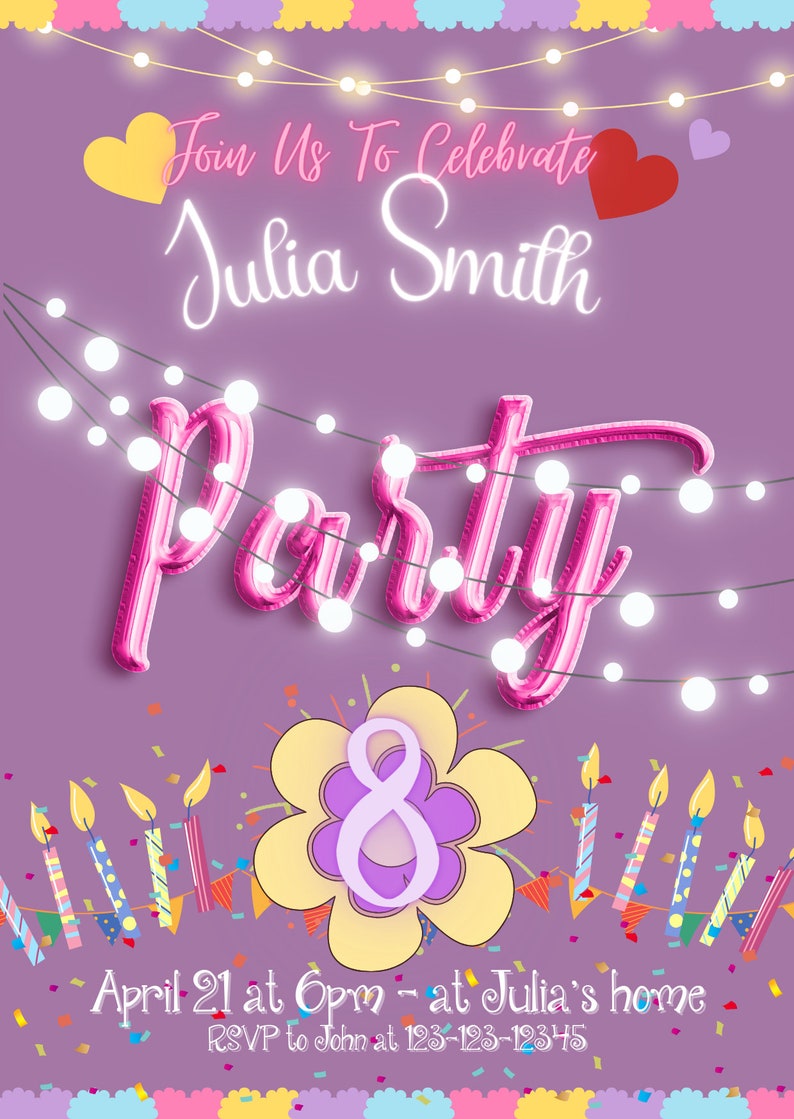 Editable Birthday Invitation Purple Lights Join Us Party Invitation ...