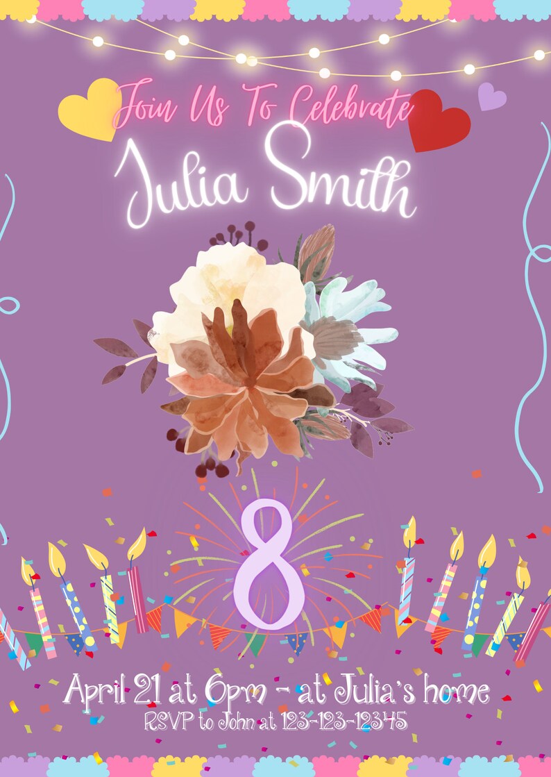 Editable Birthday Invitation Purple Flowers Join Us Party Invitation ...