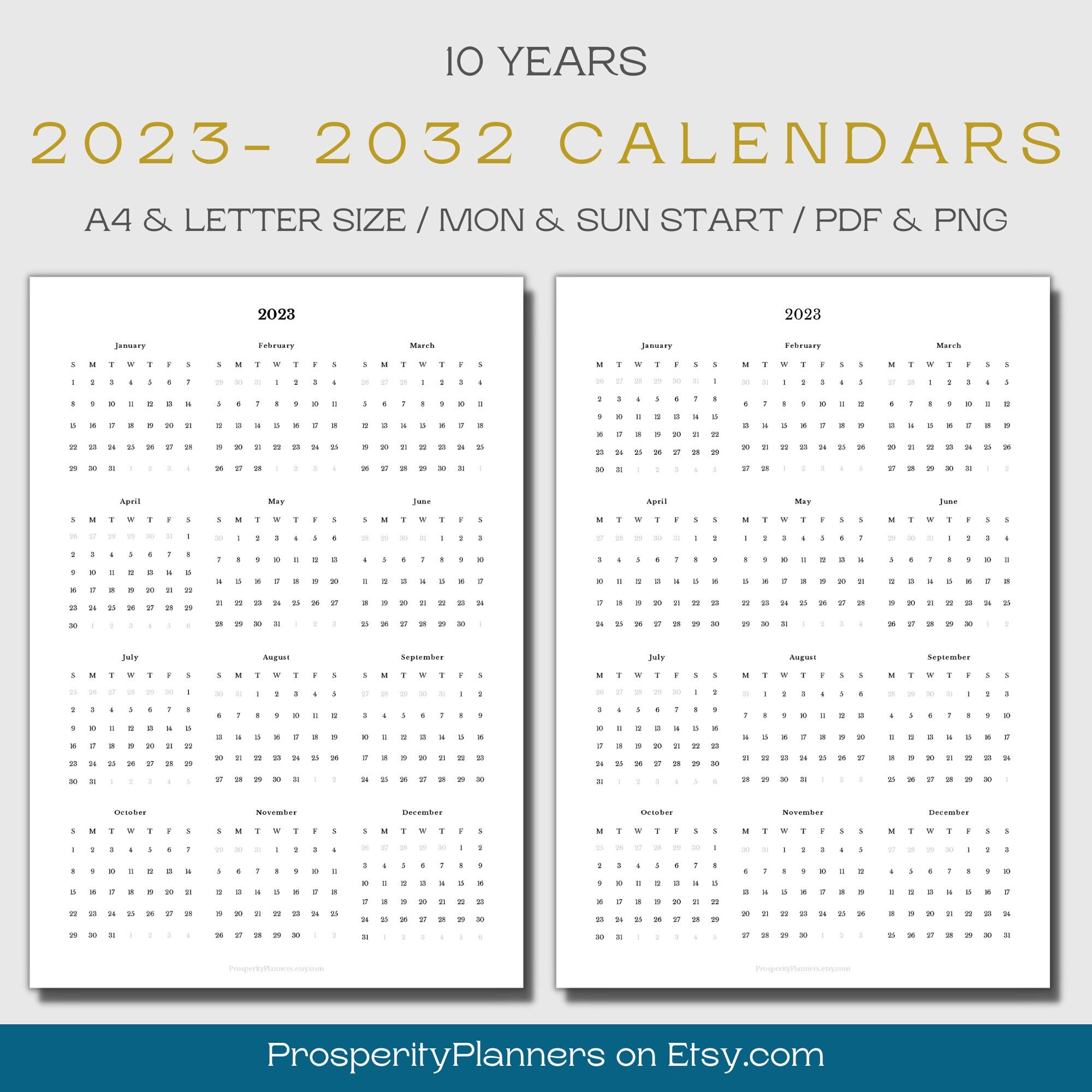 2023-2032 Jahre Kalender Printable Year At A Glance - Etsy.de