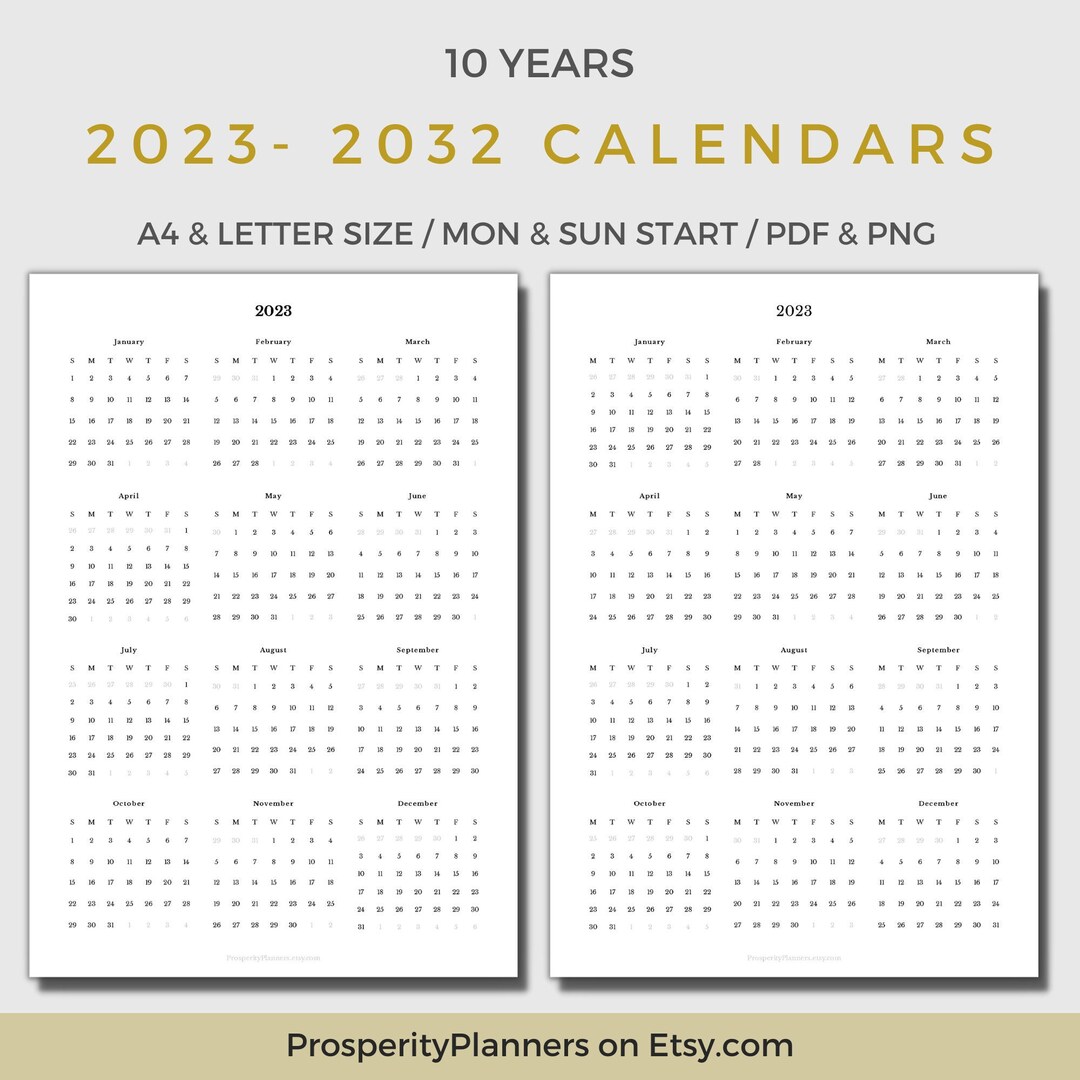 2023-2032 Years Calendar Printable Year at A Glance Annual - Etsy