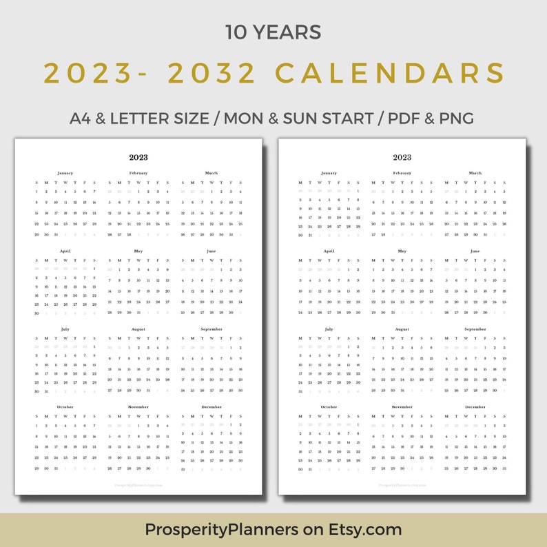 2023-2032 Years Calendar Printable Year at A Glance Annual - Etsy