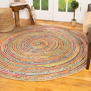 Hand Braided Round Chindi and Jute Rug/ Custom Size Natural Circle Jute ...