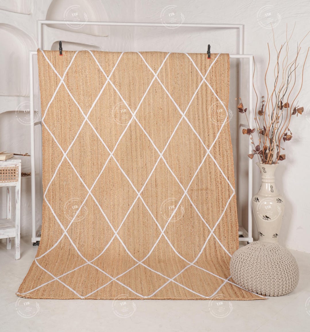 Hand Braided Beige Jute Rug With White Diamond Pattern Jute Rug Custom ...