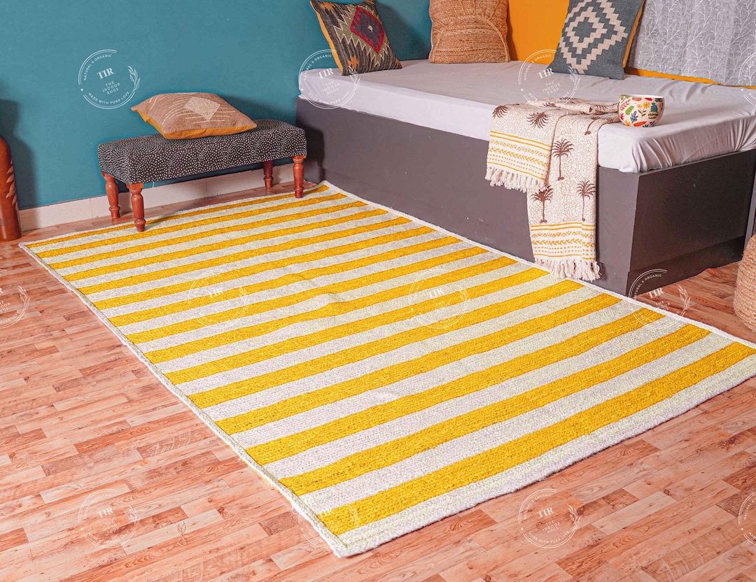 Yellow and White Braided Jute Rug, Rugs for Living Room Rug, Large Area ...