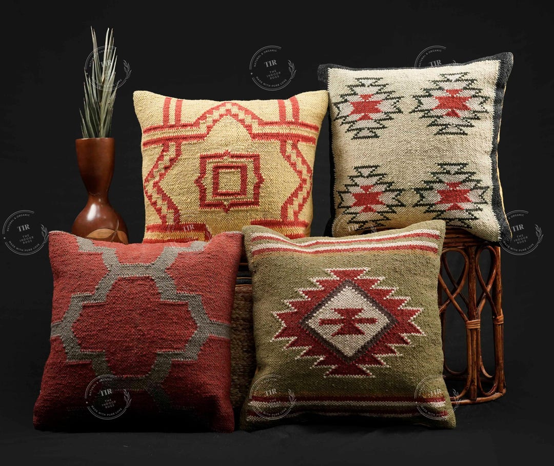 4 Set of Indian Handwoven Wool Jute Cushion Cover 18 X 18 Inch Jute ...