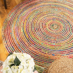 Hand Braided Round Chindi and Jute Rug/ Custom Size Natural Circle Jute ...