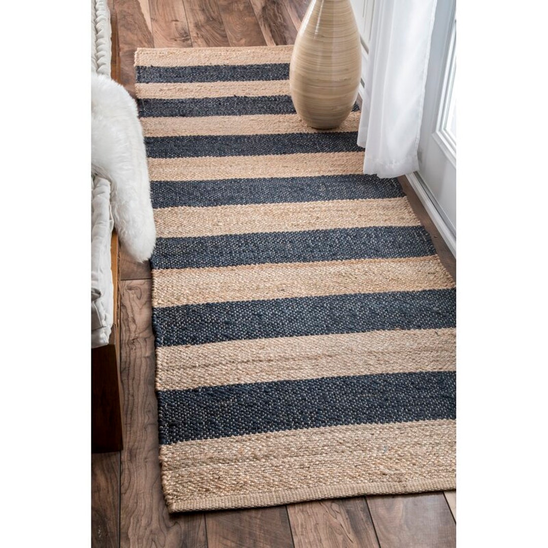Handwoven Natural Hemp Rug With Classic Black Stripe Pattern, Ideal for ...