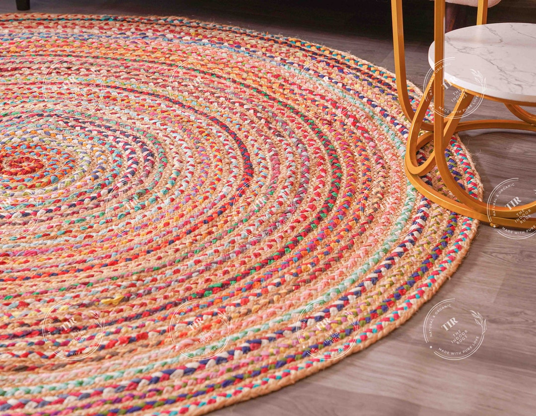 Hand Braided Round Chindi and Jute Rug/ Custom Size Natural Circle Jute ...