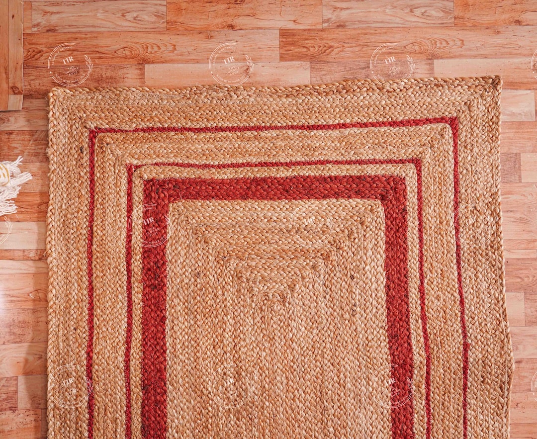 Hand Braided Natural Jute Area Rug Red Border Rug Bedroom Rug Bohemian ...