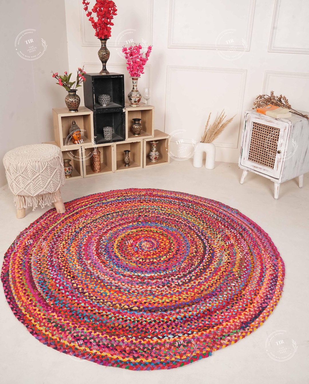 5x5 9x9 Ft. Handwoven Round Cotton Chindi Rug, Circle Area Rug, Vintage ...