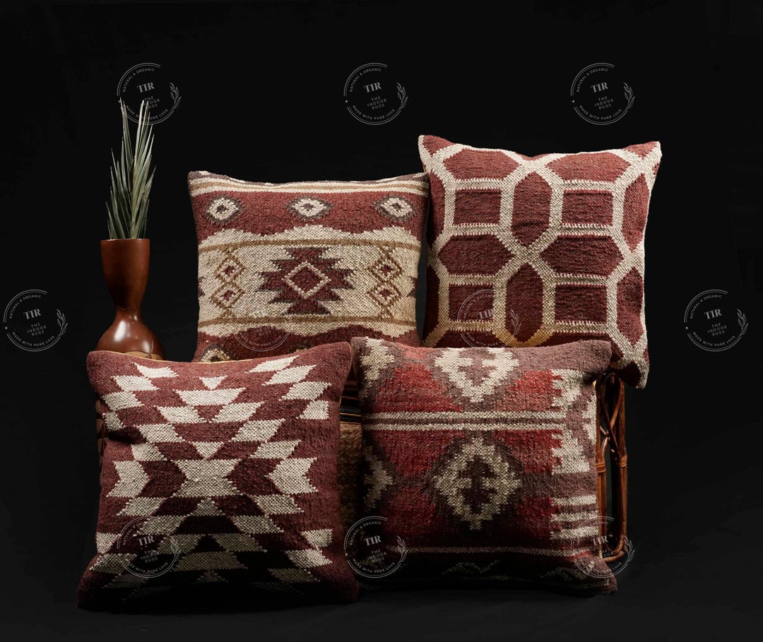 4 Set of Handwoven Wool Jute Cushion Cover 18"x18" Boho Room Decorative ...