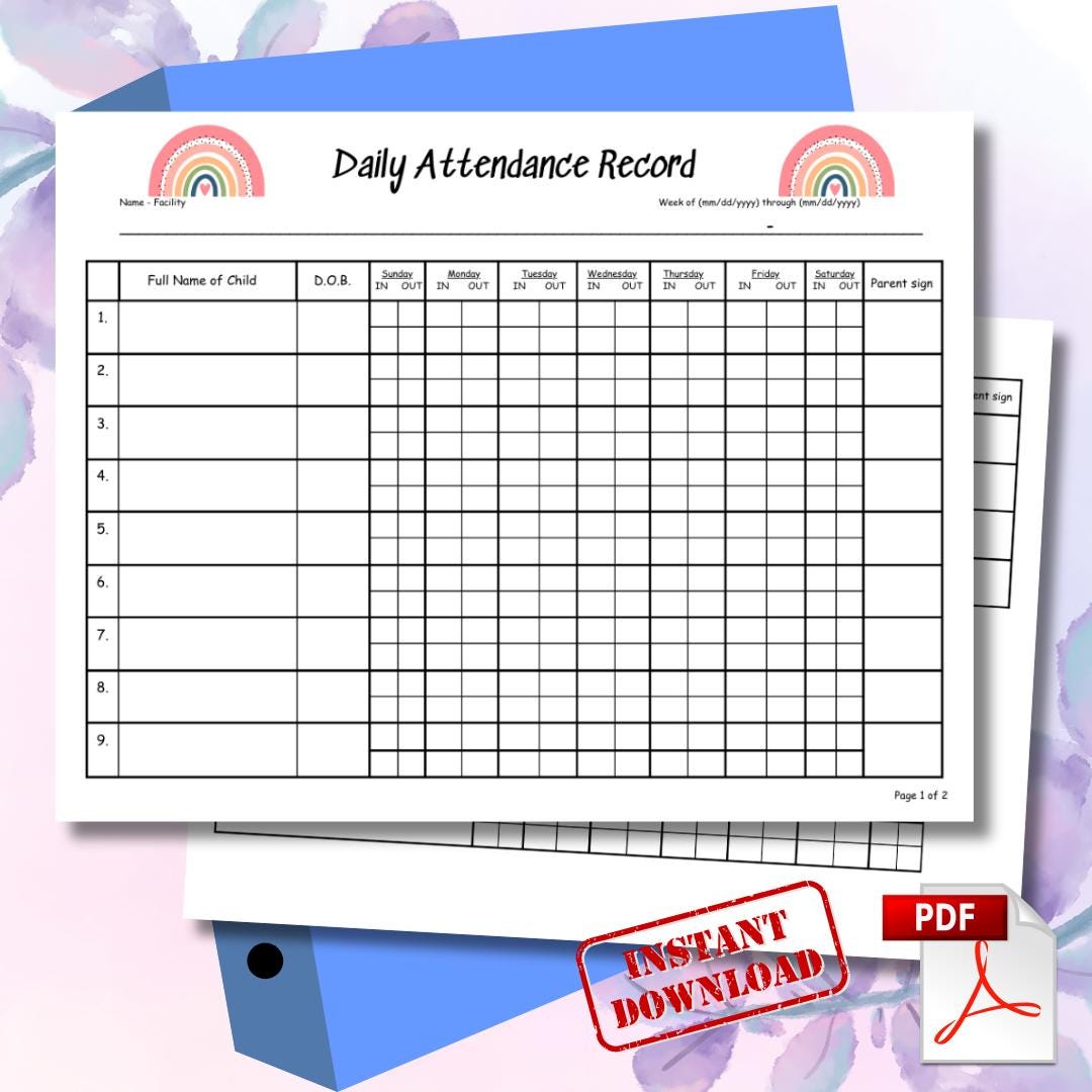 Attendance Record for Child Care Daycare Babysitting, Daily Attendance ...