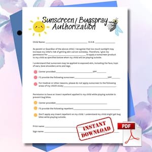 Insect Repellent Permission, Sunscreen Authorization, Daycare Forms ...