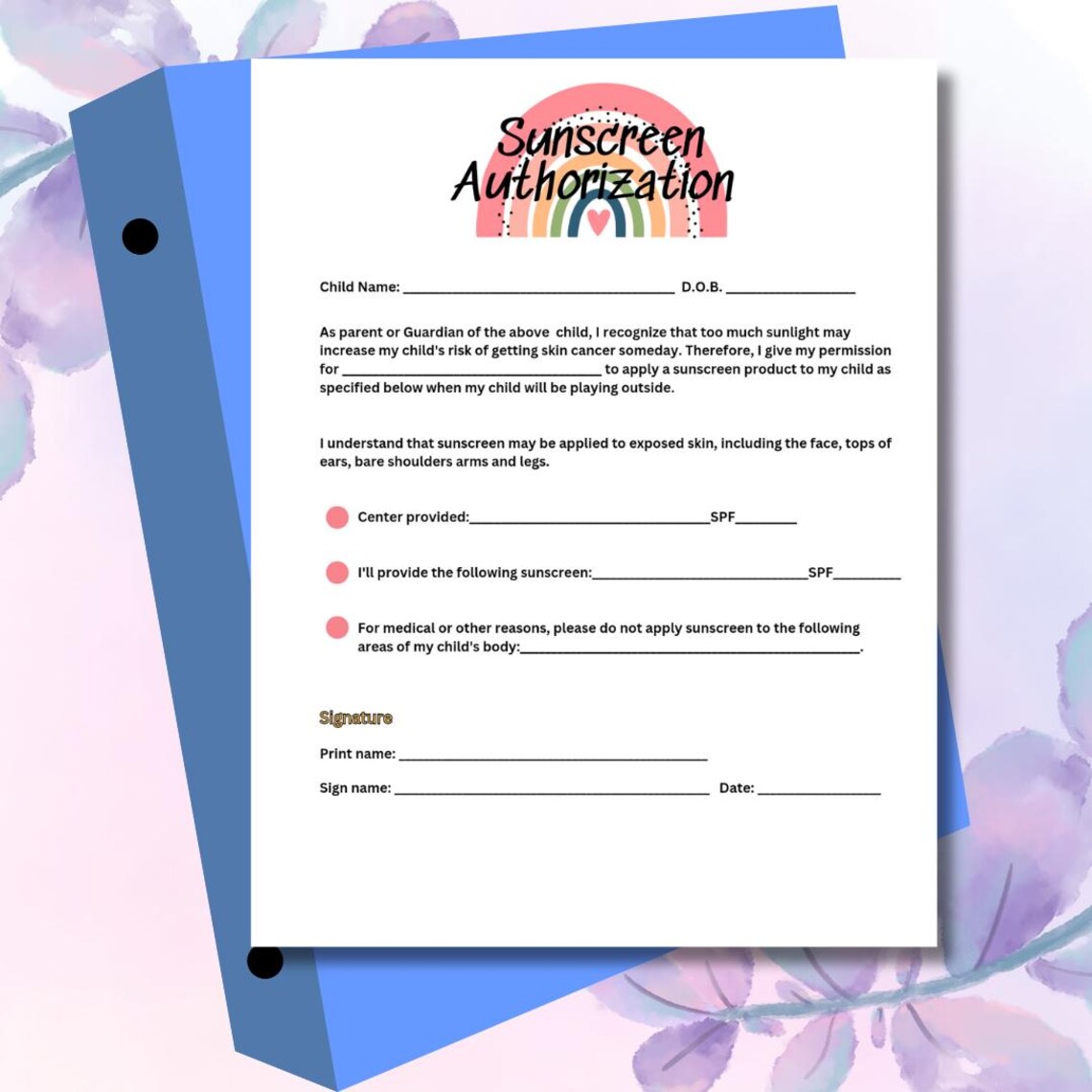 Daycare Forms, Child Care Forms, Sunscreen Authorization - Etsy