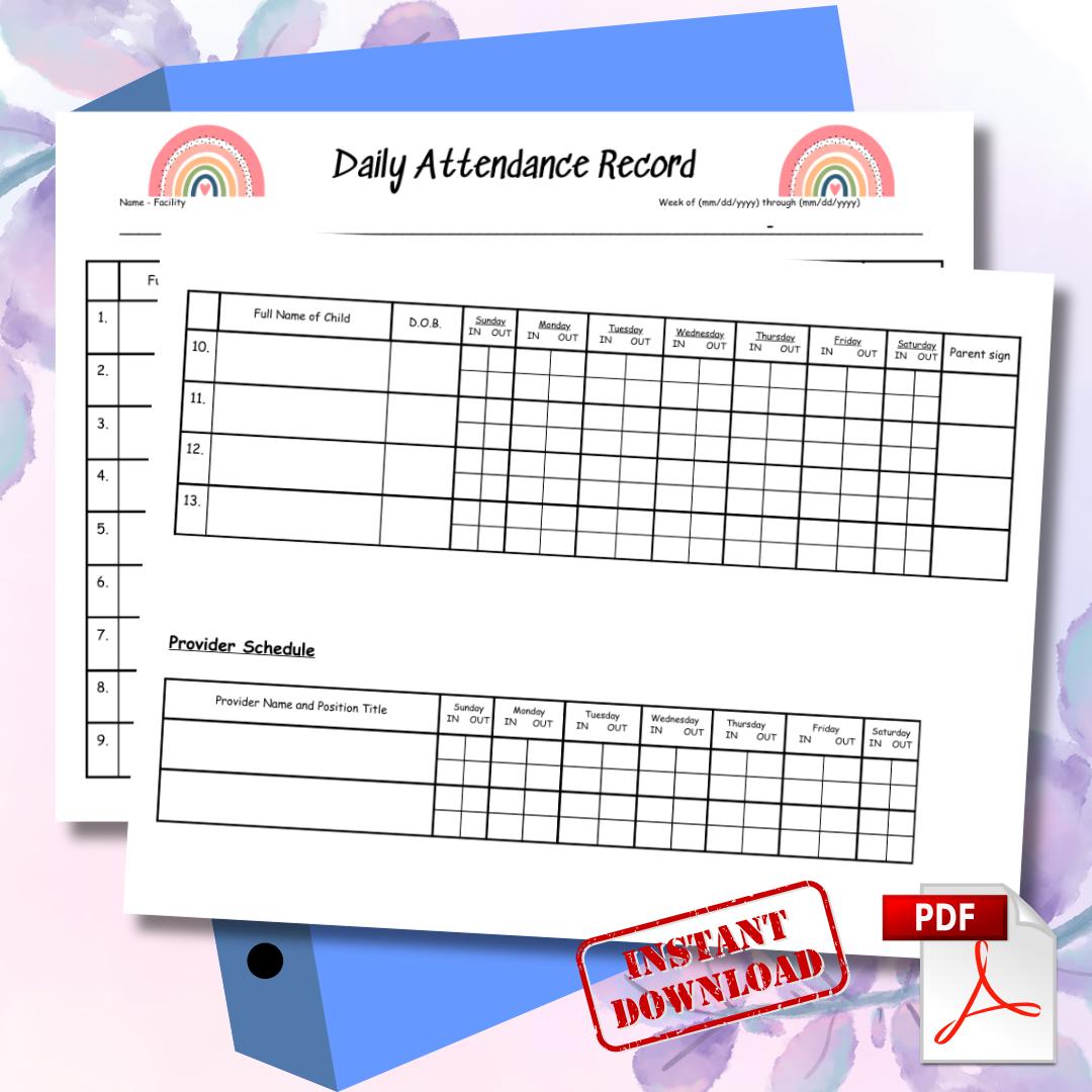 Attendance Record for Child Care Daycare Babysitting, Daily Attendance ...