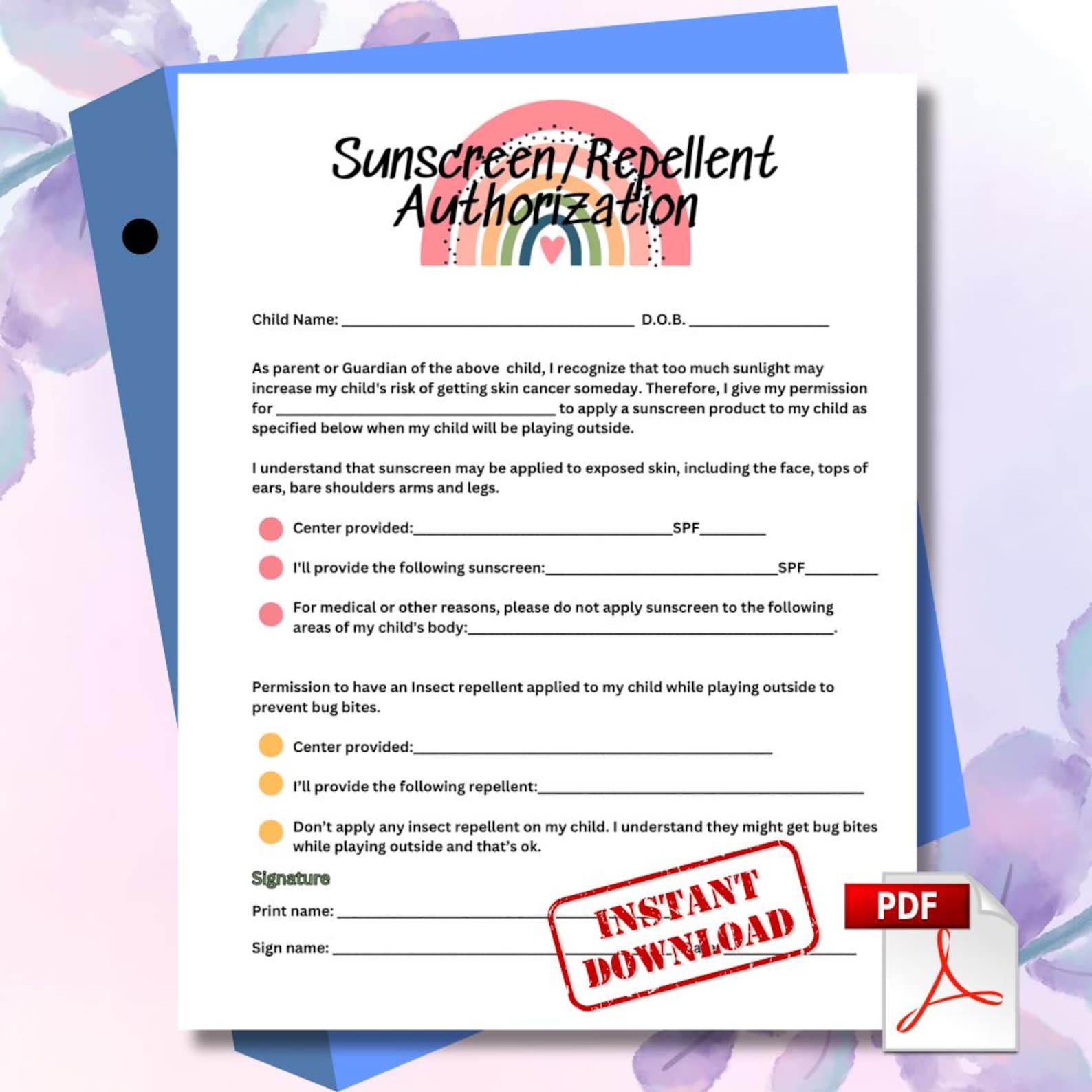 Insect Repellent Permission, Sunscreen Authorization, Daycare Forms ...