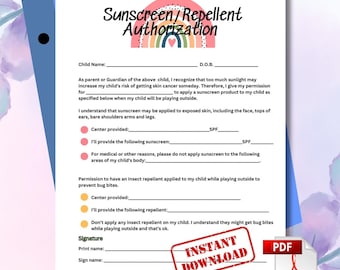 Insect Repellent Permission, Sunscreen Authorization, Daycare Forms ...