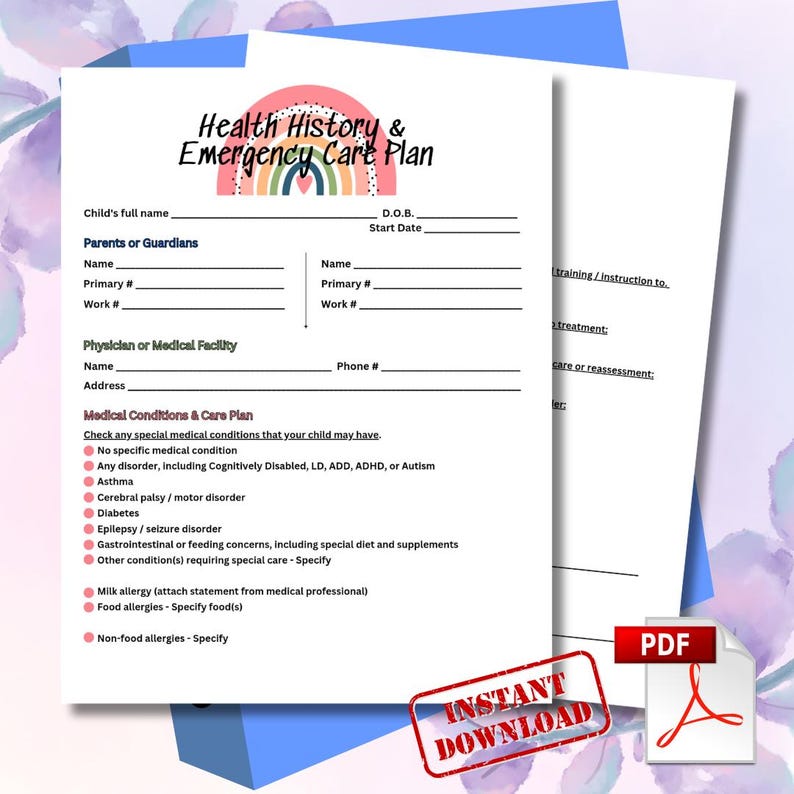 Health History Daycare Enrollment Form, Emergency Care Plan Child Care ...
