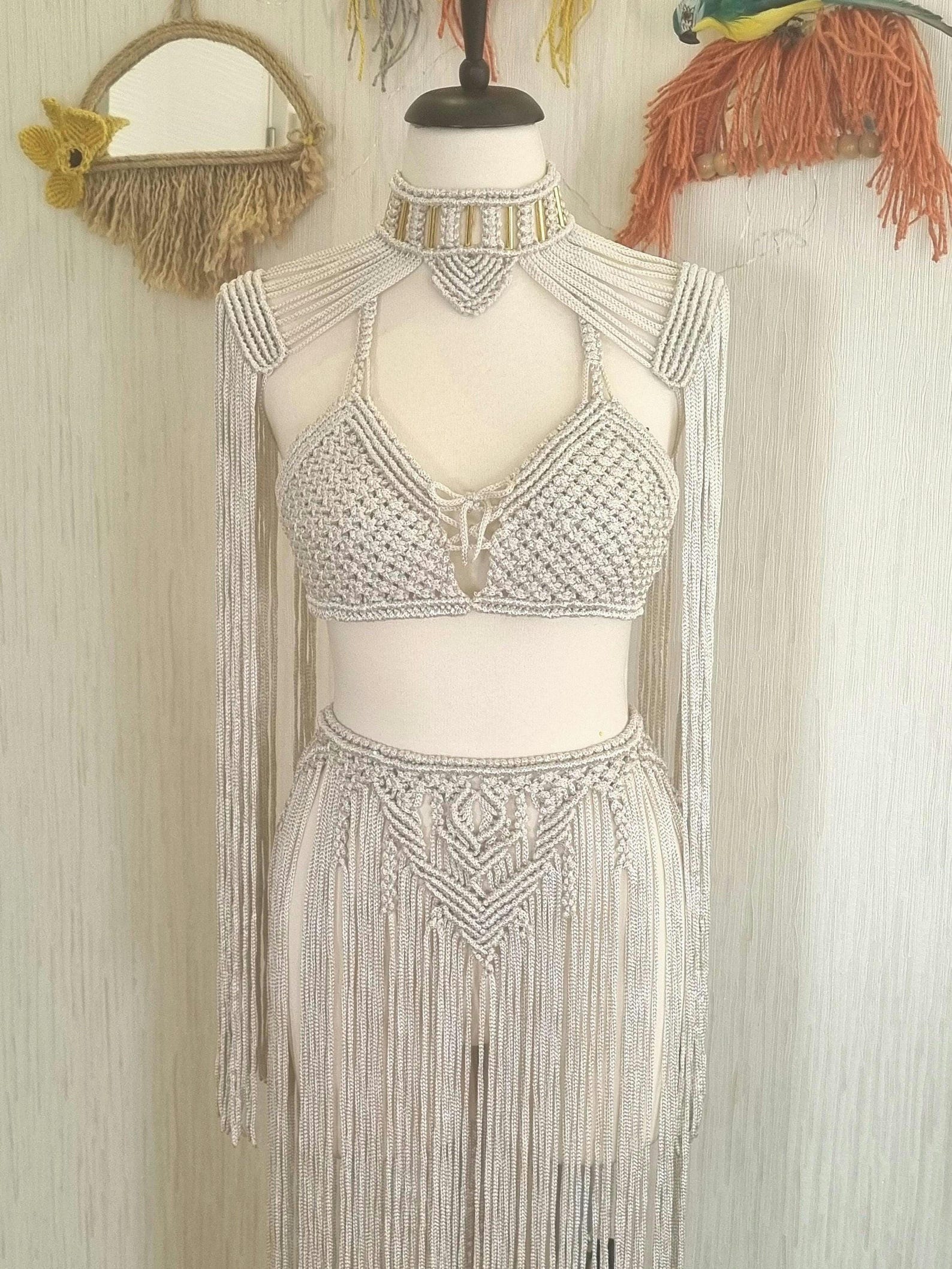Macrame Outfit: Boho Bra, Skirt & Shoulder Piece With Gold Details - Etsy
