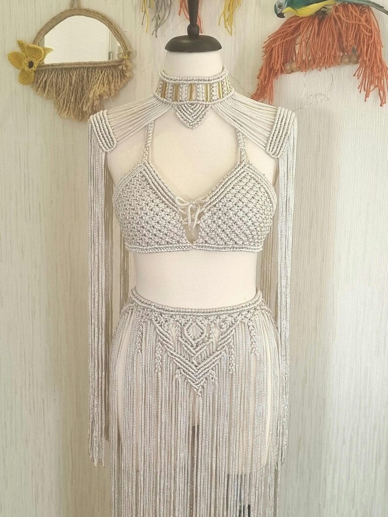 Macrame Outfit: Boho Bra, Skirt & Shoulder Piece With Gold Details - Etsy