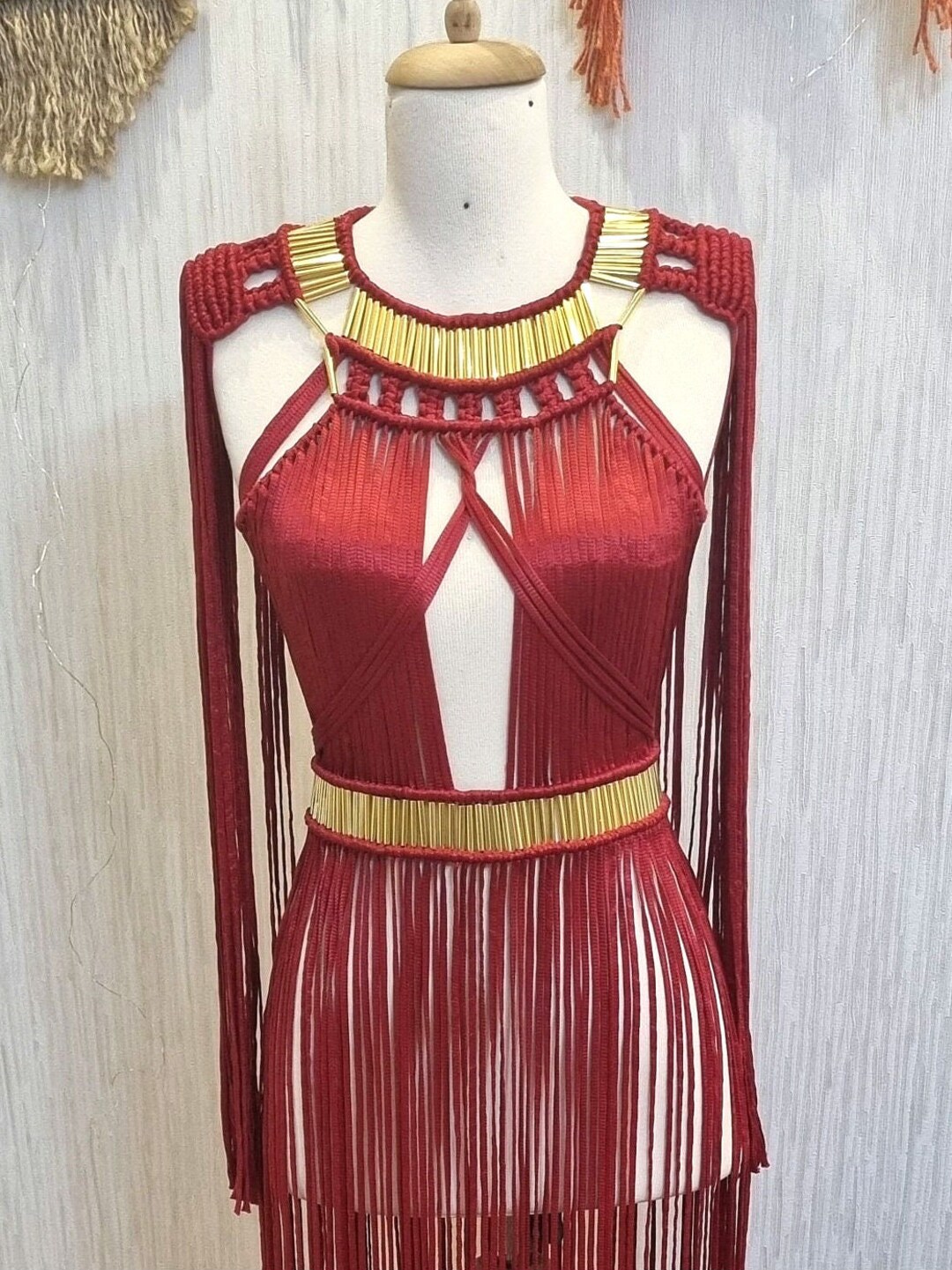 Cleopatra Dress, Medusa Dress, Macrame Dress, Egyptian Costume, Red ...