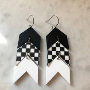 Racing Earrings, Black and White Checkered Flag Earrings, Arrow Acrylic ...