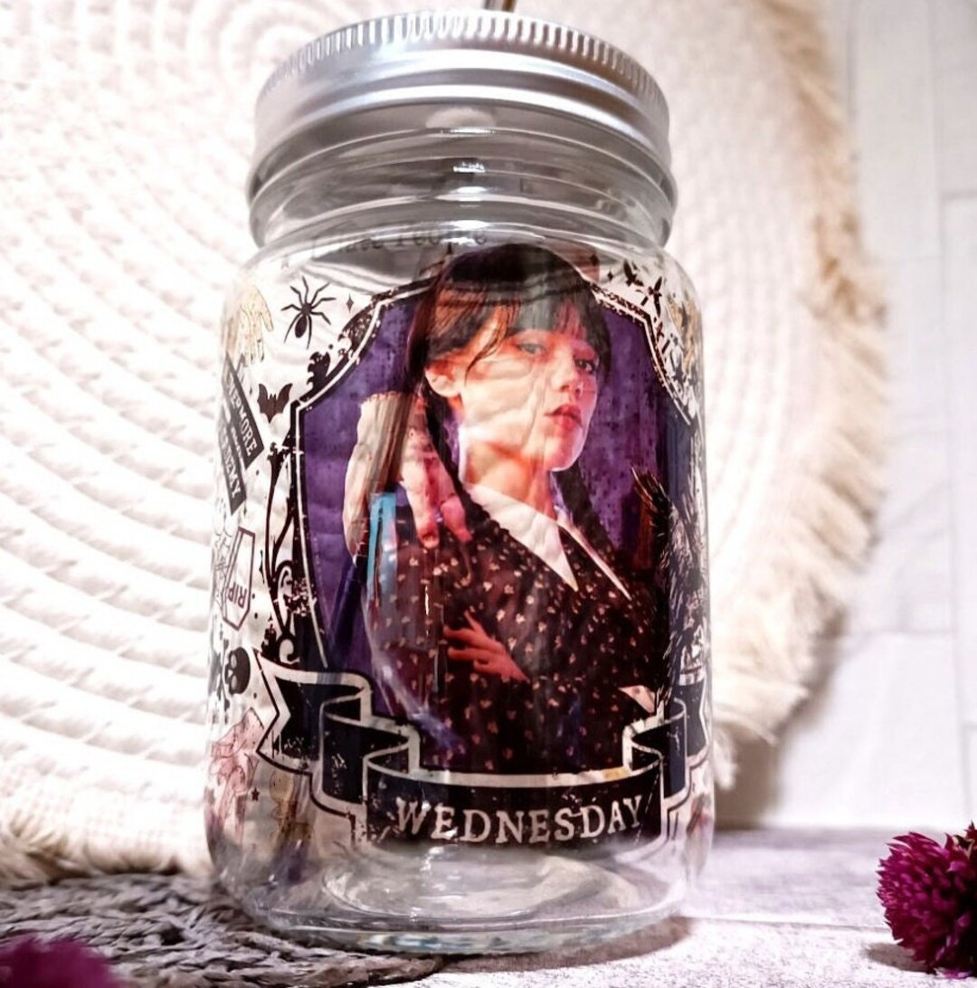 Handle Glass Wednesday Addams Family Drinking Glass With Lid and Straw ...