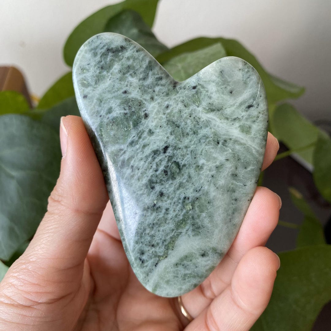 Green and White Nephrite Jade Heart Gua Sha - Natural Stone Face ...