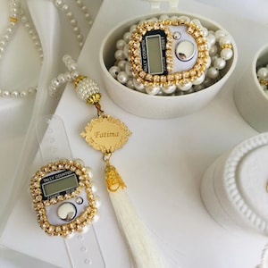 Personalized Pearl Rosary & Electronic Counter in Velvet Box: Islamic ...