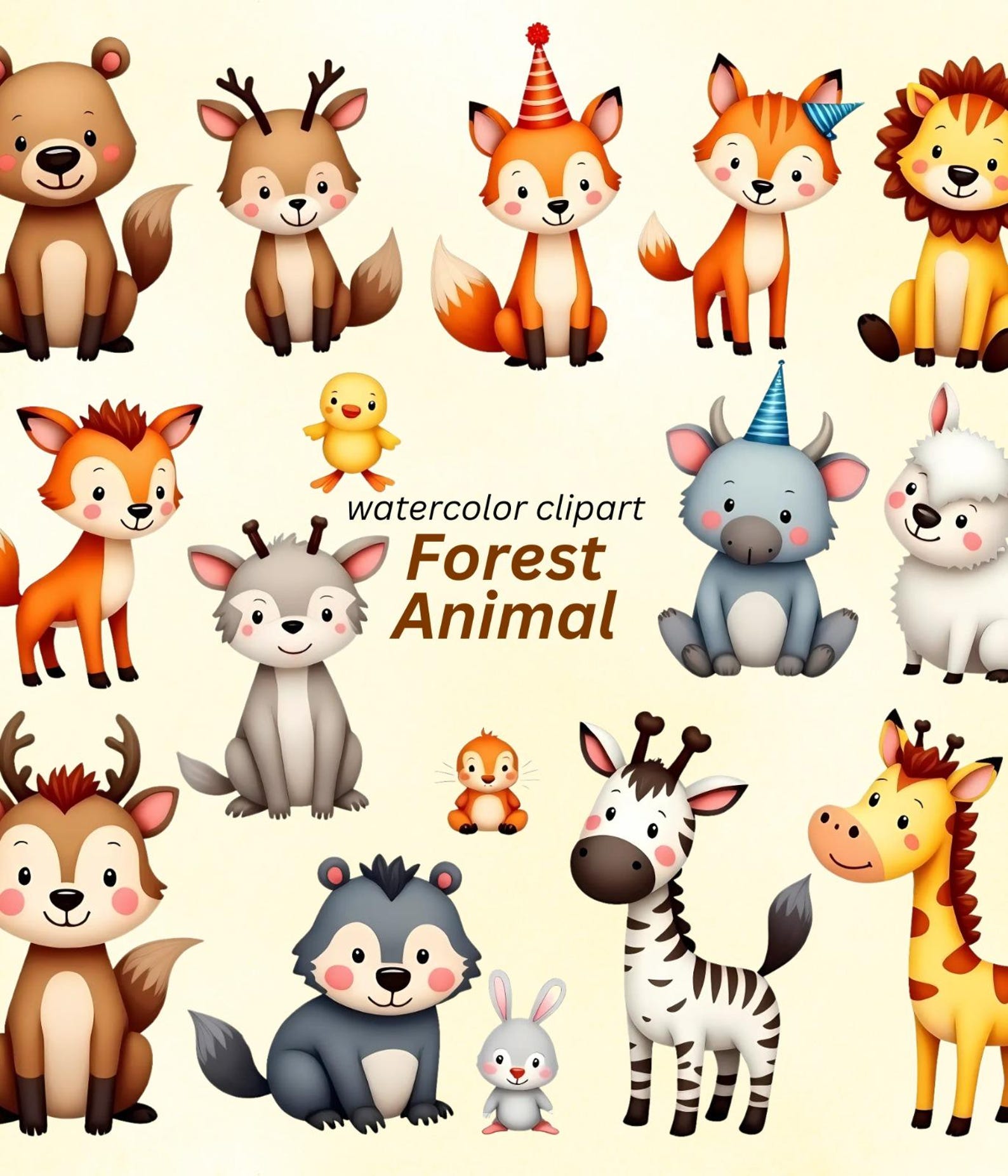 Baby Animals Clipart, Nursery Kids Watercolor Clipart, Cute Wildlife ...