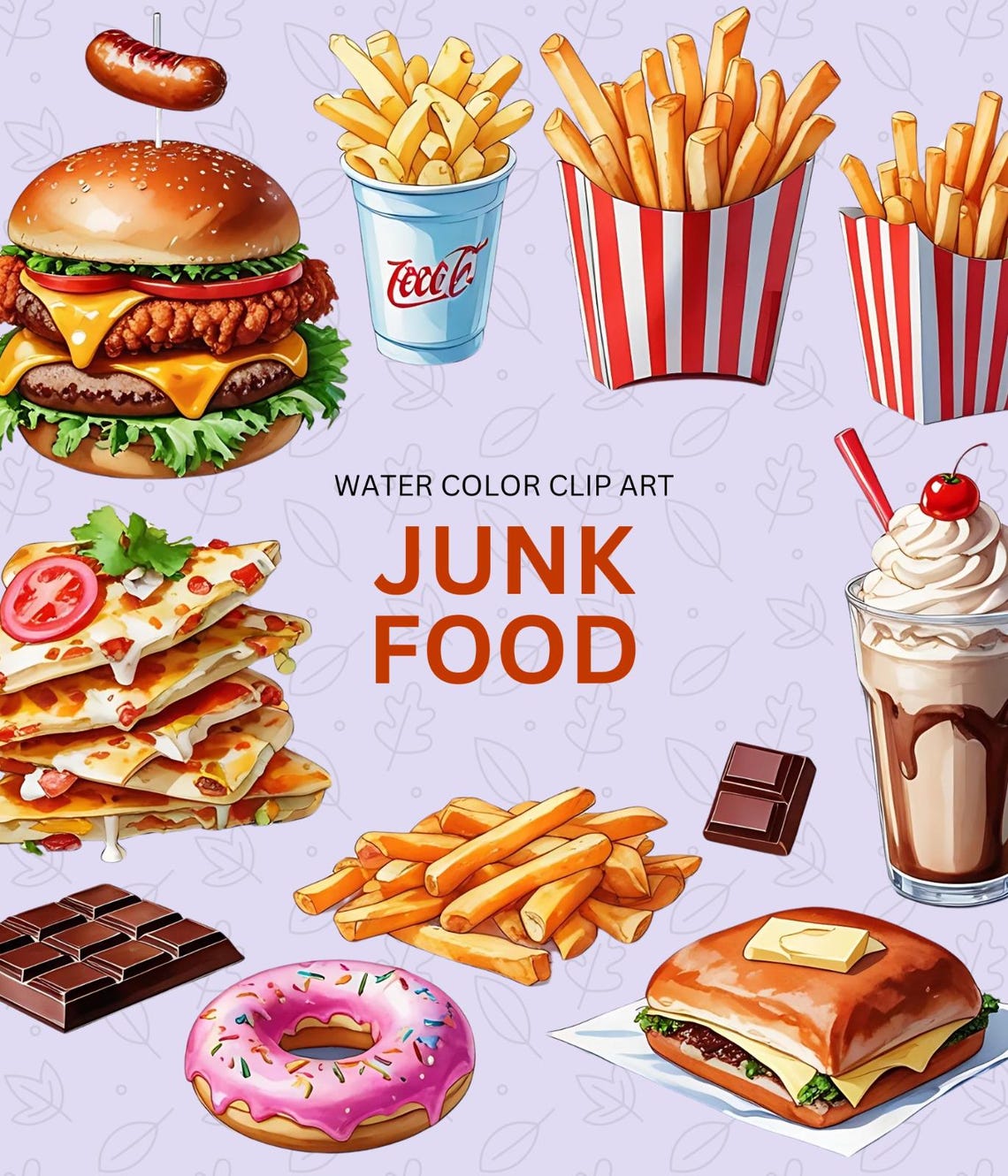 Junk Food Clipart, Fast Food Clipart Bundle, Watercolor PNG Graphics ...