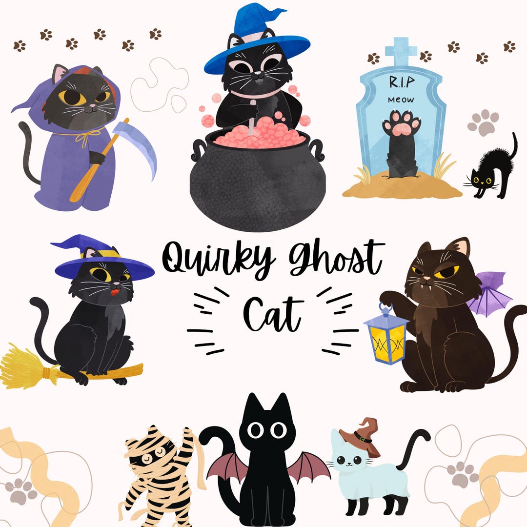 Quirky Ghost Cat Clipart, Watercolor Pet Animal Clipart, Elongated Cats ...
