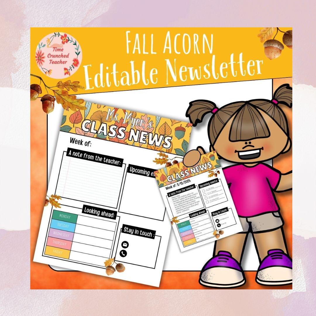 Fall Acorn Classroom Newsletter Template: Editable Parent Communication ...