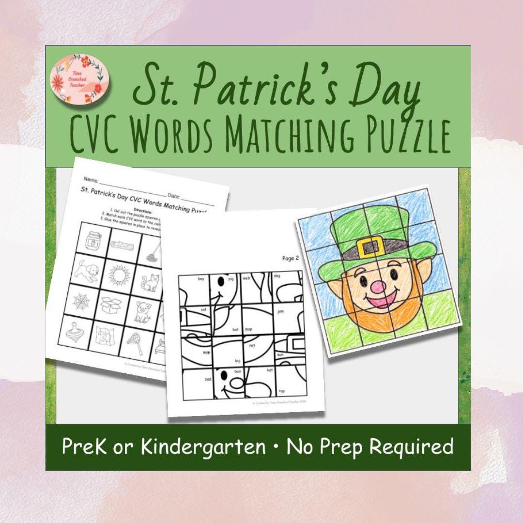 Printable St. Patrick's Day CVC Words Matching Puzzle | Picture to Word ...